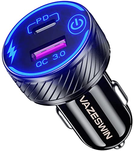 USB C Car Charger, VAZESWIN QC3.0 & PD Type C Dual USB Port Fast Car Charger Adapter, 30W 5A Fast Charge Car Phone Charger with Blue LED & Touch Switch