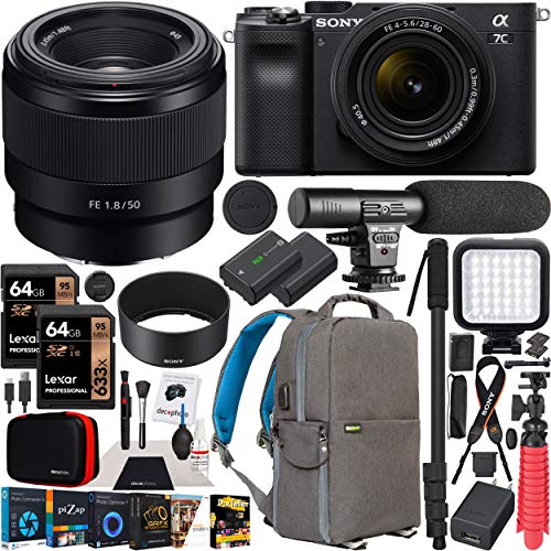 Sony a7C Mirrorless Full Frame Camera 2 Lens Kit Body with 28-60mm F4-5.6 + 50mm F1.8 SEL50F18 Black ILCE7CL/B Bundle with Deco Gear Photography Backpack Case, Software and Accessories