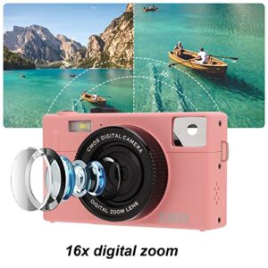 Digital Camera, Full HD 1080P 24MP Vlogging Camera with 16X Digital Zoom, 3in LCD Screen, Rechargeable Battery, Anti Shake Compact Camera for Adults, Kids, Student, Teens, Beginner (Pink)