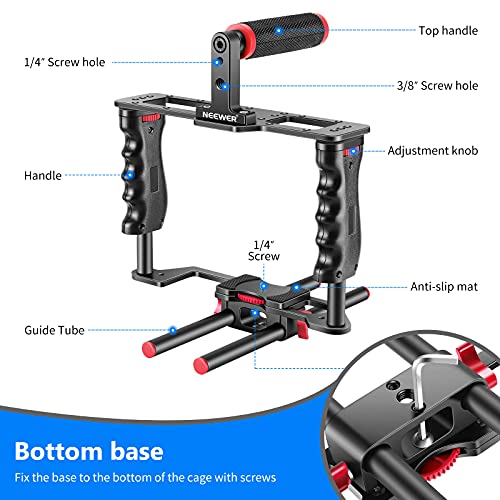 NEEWER Camera Video Cage Film Movie Making Kit, Aluminum Alloy with Top Handle, Dual Hand Grip, Two 15mm Rods, Compatible with Canon Sony Fujifilm Nikon DSLR Camera and Camcorder (Black + Red)