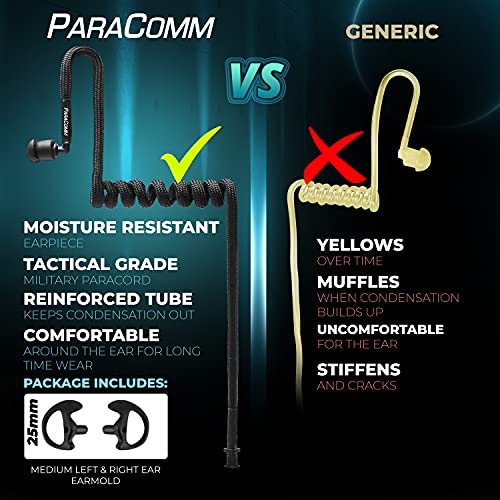 ParaComm Moisture Resistant Acoustic Tube with Walkie Talkie Earpiece with Mic - Motorola Compatible Headset Surveillance 2 Prong Pin CP185 CP200 CP200D CLS1110 T600 T800 Radios. with 2 Earmolds