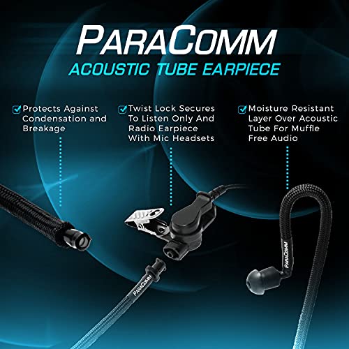 ParaComm Moisture Resistant Acoustic Tube with Walkie Talkie Earpiece with Mic - Motorola Compatible Headset Surveillance 2 Prong Pin CP185 CP200 CP200D CLS1110 T600 T800 Radios. with 2 Earmolds