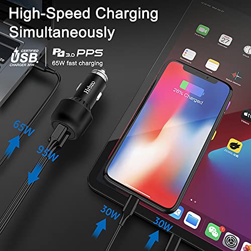 Hrbzo 95W Car Charger 3-Port(USB-C 65W&USB-C 30W&USB-A) All Metal Fast Car Charger Adapter car Charger car Cigarette Accessories USB Charger Compatible with MacBook iPhone13/12/11/8 and More