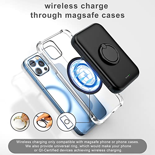 LEEHOU Wireless Portable Charger, 5000mAh Magnetic Power Bank,18W Fast Charging with USB C Cable&Finger Ring Holder Phone Battery Pack for iPhone 14Pro Max/Pro/13/12, AirPods(Black)