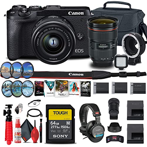 Canon EOS M6 Mark II Mirrorless Digital Camera with 15-45mm Lens and EVF-DC2 Viewfinder (Black) (3611C011) + Canon EF-M Lens Adapter + Canon EF 24-70mm Lens + 64GB Tough Card + Case + More (Renewed)