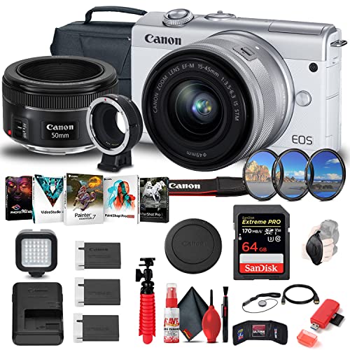 Canon EOS M200 Mirrorless Digital Camera with 15-45mm Lens (White) (3700C009) + Canon EF-M Lens Adapter + Canon EF 50mm Lens + 64GB Card + Case + Corel Photo Software + More (Renewed)