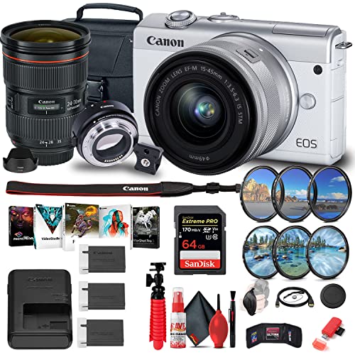 Canon EOS M200 Mirrorless Digital Camera with 15-45mm Lens (White) (3700C009) + Canon EF-M Lens Adapter + Canon EF 24-70mm Lens + 64GB Card + Case + Corel Photo Software + More (Renewed)