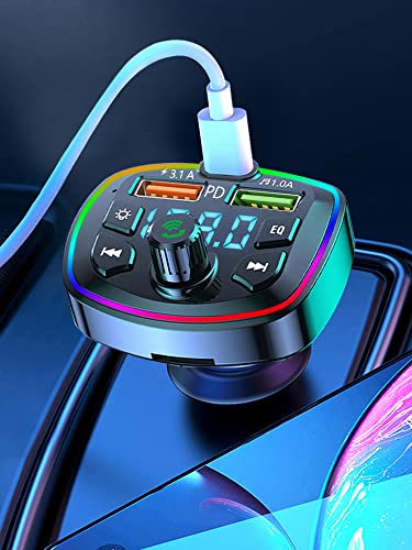 Car MP3 Player Bluetooth 5.0 FM Bluetooth Transmitter w/2 USB Charger and PD QC Interface Wireless FM Modulator w/ Built-in Mic and CVC Technology Car Radio Adapter for for Smart Phone