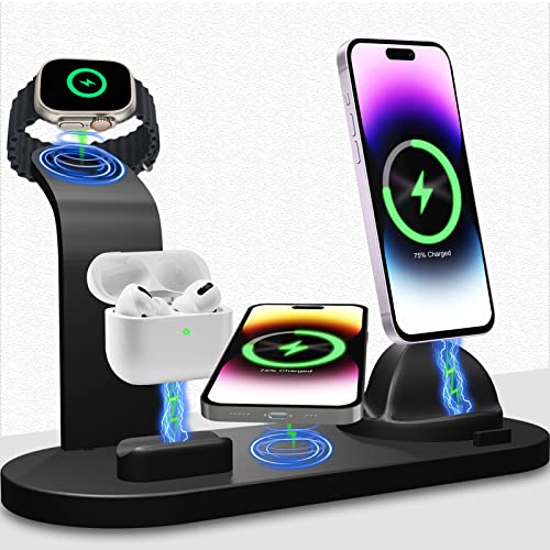 4-in-1 Fast 15W Apple Charging Station for Multiple Devices - Wireless Charging + Plug for iPhone 14/13/12/11/x/8 + Airpods Pro 2/Pro/2/1 + Apple Watch Stand SE/7/6.+ Samsung/Android Type-C/USB