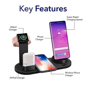 4-in-1 Fast 15W Apple Charging Station for Multiple Devices - Wireless Charging + Plug for iPhone 14/13/12/11/x/8 + Airpods Pro 2/Pro/2/1 + Apple Watch Stand SE/7/6.+ Samsung/Android Type-C/USB