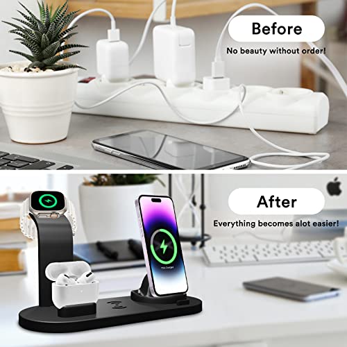 4-in-1 Fast 15W Apple Charging Station for Multiple Devices - Wireless Charging + Plug for iPhone 14/13/12/11/x/8 + Airpods Pro 2/Pro/2/1 + Apple Watch Stand SE/7/6.+ Samsung/Android Type-C/USB