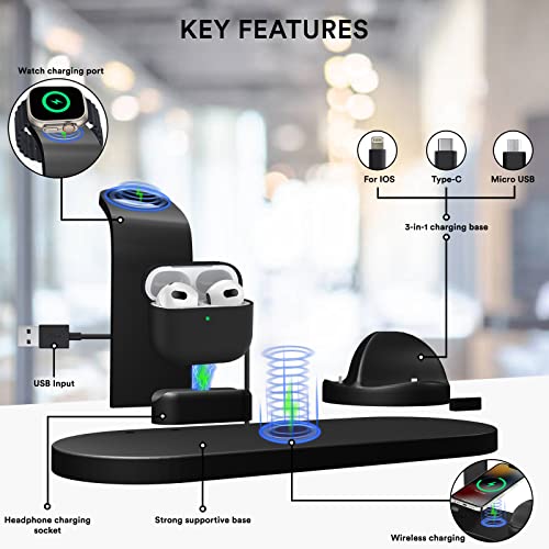 4-in-1 Fast 15W Apple Charging Station for Multiple Devices - Wireless Charging + Plug for iPhone 14/13/12/11/x/8 + Airpods Pro 2/Pro/2/1 + Apple Watch Stand SE/7/6.+ Samsung/Android Type-C/USB