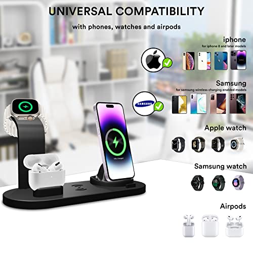 4-in-1 Fast 15W Apple Charging Station for Multiple Devices - Wireless Charging + Plug for iPhone 14/13/12/11/x/8 + Airpods Pro 2/Pro/2/1 + Apple Watch Stand SE/7/6.+ Samsung/Android Type-C/USB