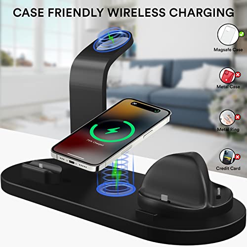 4-in-1 Fast 15W Apple Charging Station for Multiple Devices - Wireless Charging + Plug for iPhone 14/13/12/11/x/8 + Airpods Pro 2/Pro/2/1 + Apple Watch Stand SE/7/6.+ Samsung/Android Type-C/USB