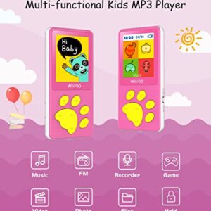 MP3 Player for Kids, Wiwoo 1.8" Portable Music Player with FM Radio Video Games Voice Recorder and Headphone, 8GB Children Cartoon Bear Paw Media Player Expandable Up to 128GB (Pink)