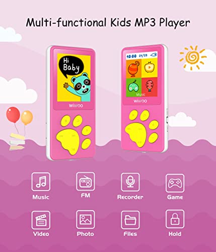 MP3 Player for Kids, Wiwoo 1.8" Portable Music Player with FM Radio Video Games Voice Recorder and Headphone, 8GB Children Cartoon Bear Paw Media Player Expandable Up to 128GB (Pink)