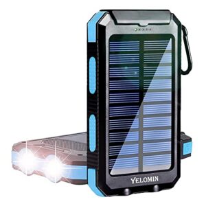 solar power bank, yelomin 20000mah portable outdoor solar charger, camping waterproof backup battery pack with dual usb 5v outputs/led flashlights and compass for cellphones and electronic devices