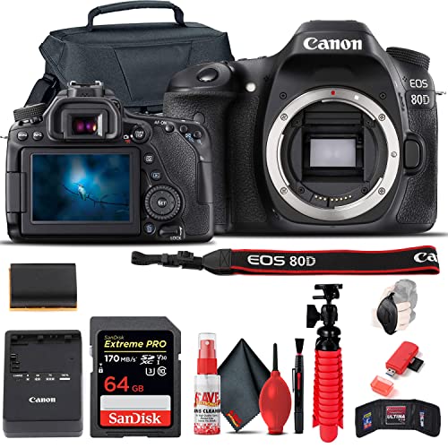 Canon EOS 80D DSLR Camera (Body Only) (1263C004), 64GB Memory Card, Case, Card Reader, Flex Tripod, Hand Strap, Cap Keeper, Memory Wallet, Cleaning Kit (Renewed)