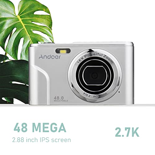 Andoer Portable Digital Camera 48MP 1080P 2.4-inch IPS Screen 16X Zoom Auto Focus Self-Timer 128GB Extended Memory Face Detection Anti-Shaking with 2pcs Batteries Hand Strap Carry Pouch