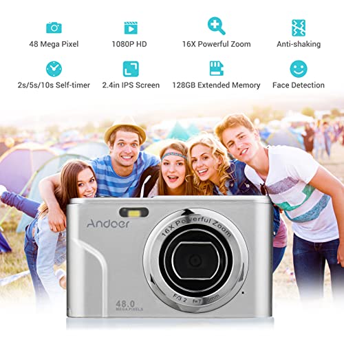 Andoer Portable Digital Camera 48MP 1080P 2.4-inch IPS Screen 16X Zoom Auto Focus Self-Timer 128GB Extended Memory Face Detection Anti-Shaking with 2pcs Batteries Hand Strap Carry Pouch