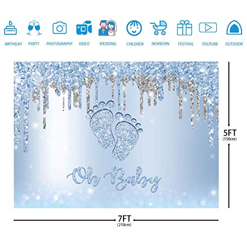 7x5ft Oh Baby Backdrops Baby Shower Background for Boy Oh Boy Little Feet Backdrop for Photography Glitter Blue Baby Shower Boys 1st Birthday Party Decor It's A Boy Baby Shower Banners Photo Props