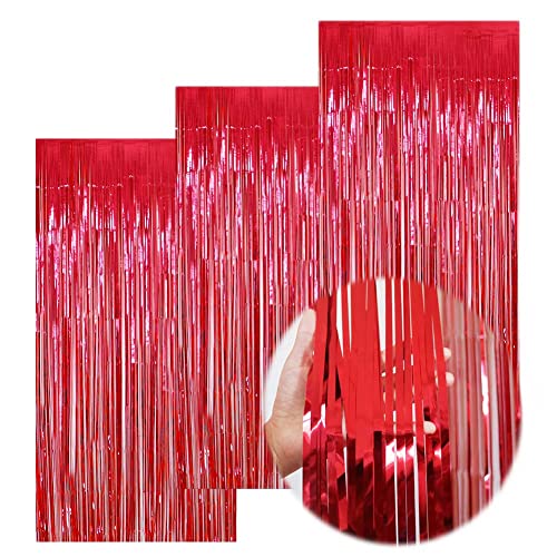 EUFARS Red Foil Fringe Curtains, Red Backdrop, Valentines Backdrops for Photography. 3Packs 3.2ft x 8.2ft Metallic Tinsel Curtains for Valentines Day Party Decorations