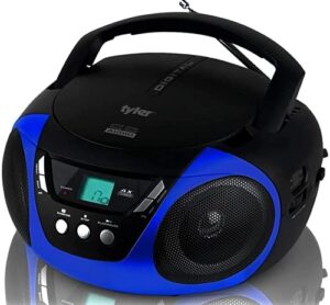 tyler portable cd player boombox radio am/fm top loading ac & battery compatible aux input & 3.5mm headphone jack small lightweight compact boom box home stereo speaker carrying handle kids room blue