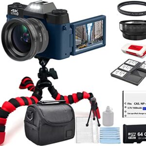 Acuvar 4K 48MP Digital Camera Kit for Photography, Vlogging Camera for YouTube with Flip Screen, WiFi, Wide Angle & Macro Lens, 64GB Micro SD Card, 12" Flexible Tripod, Carrying Case, Card Reader