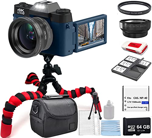 Acuvar 4K 48MP Digital Camera Kit for Photography, Vlogging Camera for YouTube with Flip Screen, WiFi, Wide Angle & Macro Lens, 64GB Micro SD Card, 12" Flexible Tripod, Carrying Case, Card Reader