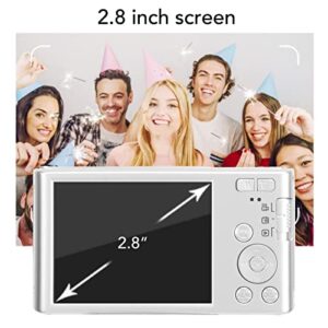 Compact Camera, 2.8 Inch Screen Compatible 256GB Memory Card Built in Fill Light Digital Camera Rechargeable Lithium Ion Battery for Beginners (Silver)