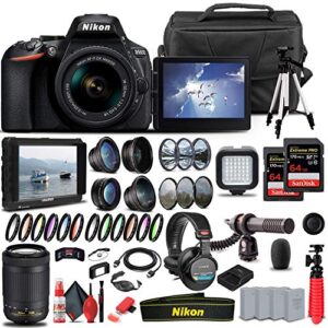 nikon d5600 dslr camera with 18-55mm lens (1576) + nikon 70-300mm lens + 4k monitor + pro headphones + pro mic + 2 x 64gb card + case + corel software + tripod + more (international model) (renewed)