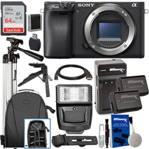 sony alpha a6400 mirrorless digital camera (body only) with deluxe accessory bundle: sandisk 64gb ultra sdxc, lightweight 50” tripod, 2x extended life replacement batteries & much more