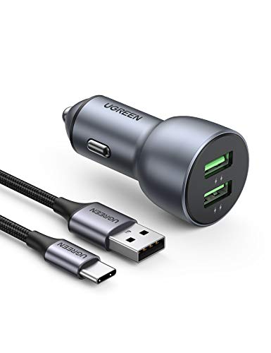 UGREEN USB Car Charger 36W - 12V USB Charger Multi Ports Fast Car Charger Adapter Compatible with iPhone 14/13/12/11/SE/XR, Galaxy S22/S21/S20/S10/Note 20, Pixel 5/4/3 (USB A to C Cable Included)