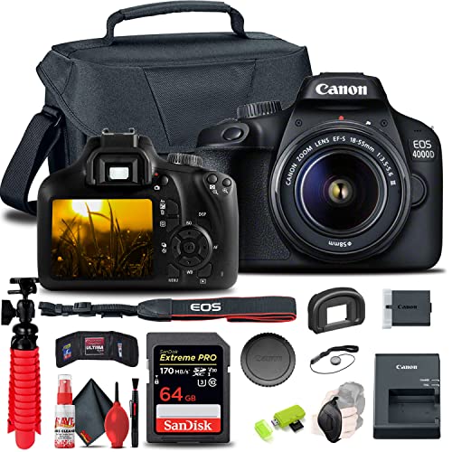 Canon EOS Rebel T100 / 4000D DSLR Camera with 18-55mm Lens + 64GB Memory Card + Case + Card Reader + Flex Tripod + Hand Strap + Cap Keeper + Memory Wallet + Cleaning Kit (Renewed)