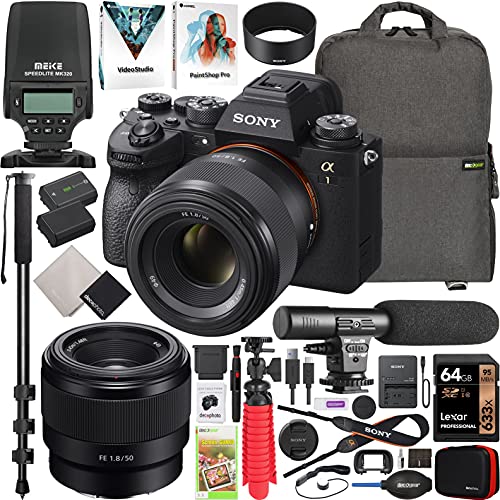 Sony Alpha 1 Full Frame Mirrorless Camera Body + 50mm F1.8 FE Fast E-Mount Lens SEL50F18F ILCE-1/B Bundle with Meike MK320 TTL Flash Speedlite + Deco Gear Backpack + Microphone and Accessories Kit