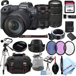 r5 mirrorless digital camera with rf 24-105mm f/4l is usm lens + 75-300mm f/4-5.6 iii lens + 128gb memory + case + filters + tripod (26pc bundle) (renewed)