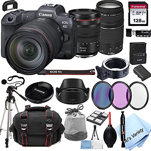 R5 Mirrorless Digital Camera with RF 24-105mm f/4L is USM Lens + 75-300mm F/4-5.6 III Lens + 128GB Memory + Case + Filters + Tripod (26pc Bundle) (Renewed)