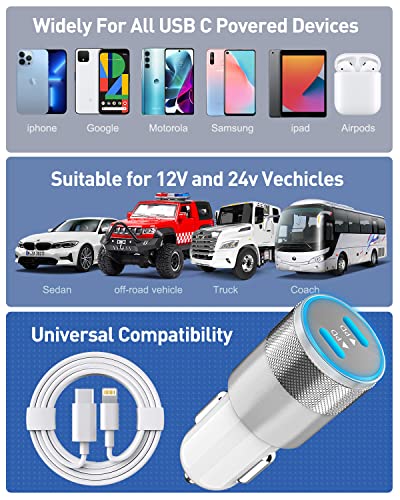 iPhone Car Charger [Apple MFi Certified],HOSOW 40W USB C Car Charger Dual Port PD Fast Charging Car Adapter with 2x Type C to Lightning Cable for iPhone 14 13 12 Pro Max/Mini/11/XS/XR/X/8 Plus/iPad/SE