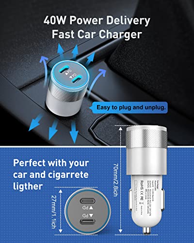 iPhone Car Charger [Apple MFi Certified],HOSOW 40W USB C Car Charger Dual Port PD Fast Charging Car Adapter with 2x Type C to Lightning Cable for iPhone 14 13 12 Pro Max/Mini/11/XS/XR/X/8 Plus/iPad/SE