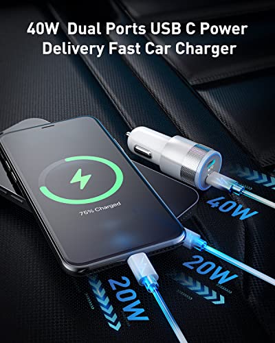 iPhone Car Charger [Apple MFi Certified],HOSOW 40W USB C Car Charger Dual Port PD Fast Charging Car Adapter with 2x Type C to Lightning Cable for iPhone 14 13 12 Pro Max/Mini/11/XS/XR/X/8 Plus/iPad/SE