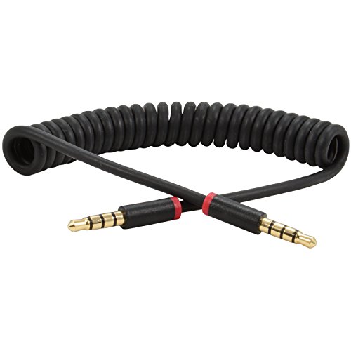 JacobsParts Spring Coiled 3.5mm 4-Pole Stereo Audio Aux Cable with Mic Line, Gold Plated (3 feet)