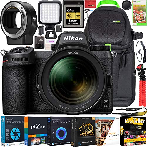 Nikon Z6II Mirrorless Camera Body + NIKKOR Z 24-70mm f/4 S Lens Kit 1663 FX-Format Full-Frame 4K UHD Bundle with FTZ Mount Adapter + Deco Gear Backpack Case + LED + 64GB CFexpress Card & Accessories