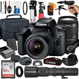 canon eos 4000d / rebel t100 dslr camera with ef-s 18-55mm + 500mm preset manual focus lens + sandisk 64gb card + tripod + case + megaaccessory bundle (23pc bundles) 500mm preset lens (renewed)