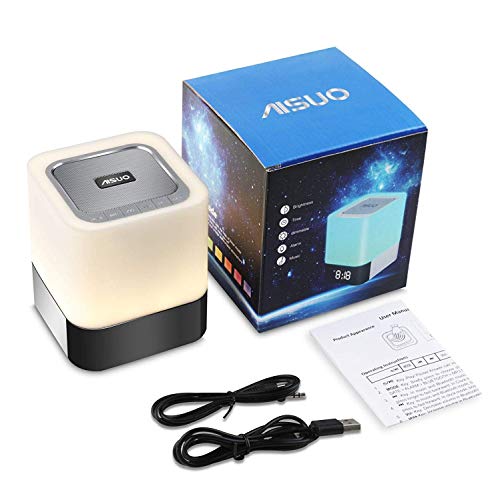 Aisuo Night Light-5 in 1 Bedside Lamp with Bluetooth Speaker, 12/24H Digital Calendar Alarm Clock, Touch Control, Support TF and SD Card, Music Player, Gift for Girls Boys Teens.