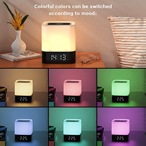 Aisuo Night Light-5 in 1 Bedside Lamp with Bluetooth Speaker, 12/24H Digital Calendar Alarm Clock, Touch Control, Support TF and SD Card, Music Player, Gift for Girls Boys Teens.