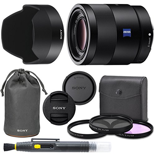 Sony Sonnar T FE 55mm f/1.8 ZA Full Frame Lens with Pro Kit. Includes: UV Filter, Circular Polarizing Filter, Fluorescent Day Filter, Sony Lens Hood, Front & Rear Caps - International Version