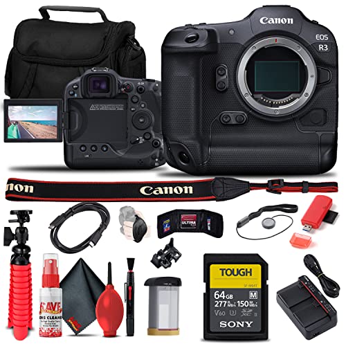 Canon EOS R3 Mirrorless Camera (4895C002) + Sony 64GB Tough SD Card + Card Reader + Case + Flex Tripod + Hand Strap + Cap Keeper + Memory Wallet + Cleaning Kit (Renewed)