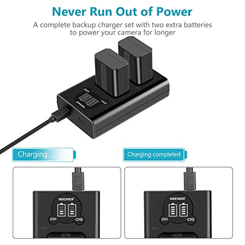 NEEWER NP-FW50 Camera Battery Charger Set Compatible with Sony ZV-E10 A7 A7R A7RII A7II A7SII A7S a6300 a6400 a6500 RX10 Series, 2 Pack 1100mAh Replacement Batteries, Micro USB&Type C Dual Charger