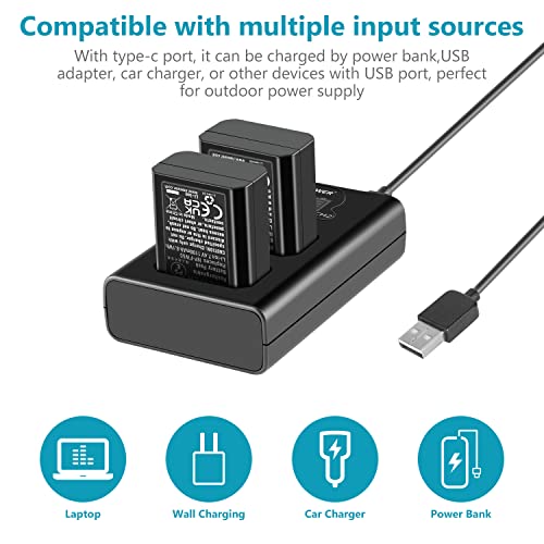 NEEWER NP-FW50 Camera Battery Charger Set Compatible with Sony ZV-E10 A7 A7R A7RII A7II A7SII A7S a6300 a6400 a6500 RX10 Series, 2 Pack 1100mAh Replacement Batteries, Micro USB&Type C Dual Charger