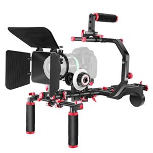 neewer shoulder rig kit for dslr cameras and camcorders, movie video film making system with matte box, follow focus, c-shaped bracket, 15mm rods, handgrip, 1/4” & 3/8” threads (red + black)